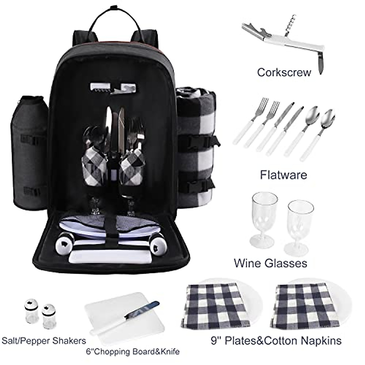 ALLCAMP OUTDOOR GEAR Picnic Backpack for 2 Person Set W/Detachable Bottle/Wine Holder, Fleece Blanket, Plates and Cutlery Set (Black)
