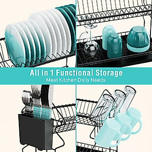 Veckle Dish Drying Rack for Kitchen Counter 2 Tier Small Dish Racks for Plates and Bowls Sets Rust-Resistant Dinnerware Drainer with Drainboard Tray, Glass Holder and Utensil Holder, Black