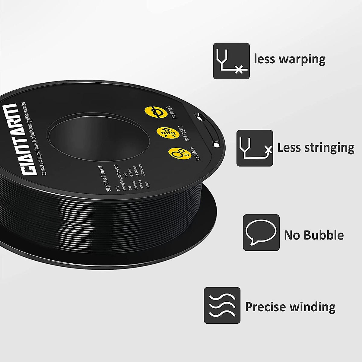 GIANTARM Black PETG 3D Printer Filament Toughness Enhanced 1kg (2.2lbs), 1.75mm Dimensional Accuracy +/-0.03mm, 1080 Feet（330m)/Roll, Vacuum Package, Fit for Most 3D FDM Printer
