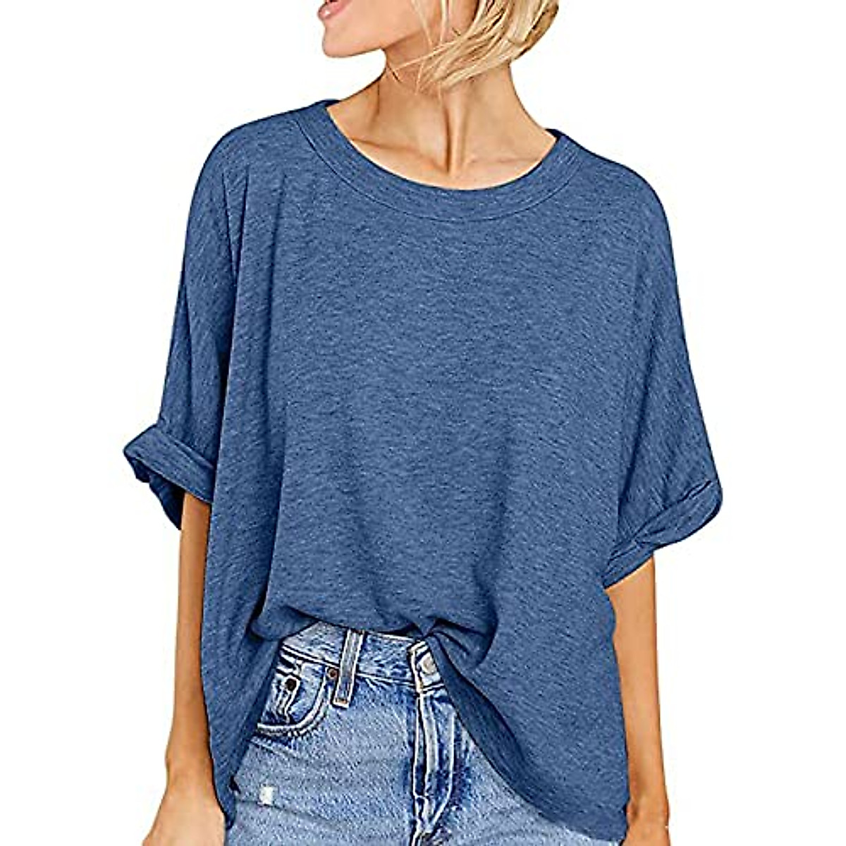 DASAYO Women Plus Size Tshirts Tops Crew Neck Solid Half Sleeve Shirt Tunic Comfy Casual Summer Plain Loose Blouse T Shirts