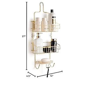 SIMPLI COZY Large Iron Gold Shower Caddy – No Drilling Required – Two-Tier Storage – Razor & Loofah Holders – Ideal for Modern & Clean Aesthetic Decor 4.5" D x 12" W x 27" H