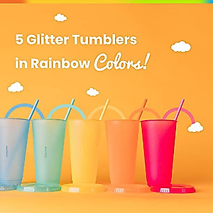 Cups with Lids and Straws for Adults - 5 Glitter Reusable Cups with Lids and Straws in Rainbow Colors, 24 oz Iced Coffee & Bulk Party Tumblers, Plastic Tumbler with Lid and Straw for Water & Smoothie