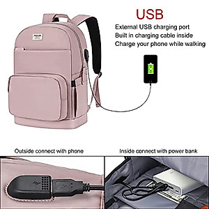 MOSISO 15.6-16 inch 20L Laptop Backpack for Women Men College School Student with USB Charging Port&Luggage Strap&Front Raised Pocket, Travel Business Polyester Anti-Theft Bookbag Daypack, Soft Pink