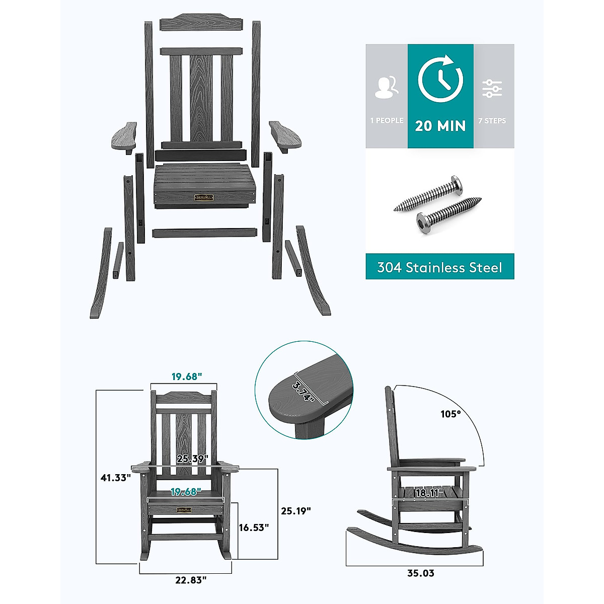 SERWALL Outdoor Rocking Chair Gray