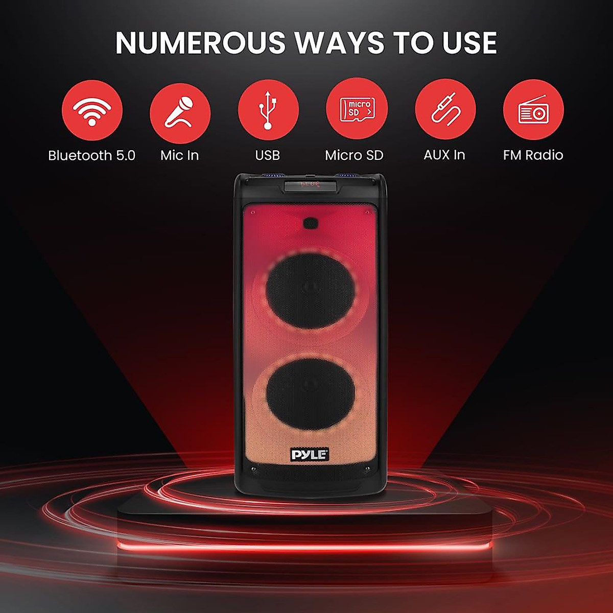 Pyle Portable Bluetooth PA Speaker System - 500W Rechargeable Indoor Outdoor Stereo w/Dual 8” Woofer & Tweeter, Audio Recording, Wireless Microphone, Flaming Light, Radio, MP3/USB/Micro SD, Remote