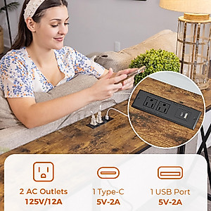 SUPERJARE 70.9 Inch Console Table with 2 Outlet and 2 USB Ports, Extra Long Entryway Table with Metal Frame and X-Shaped Design, Narrow Sofa Table for Living Room and Hallway - Vintage Brown