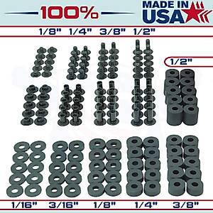 Black Chicago Screw - Thru Hole Binding Post Kit 1/8, 1/4, 3/8, 1/2 Inch Machine Screw Fasteners + Rubber Washers, QuickClipPro Kydex Leather Holster Sheath (1/8" - Flat Head 10 Pack)