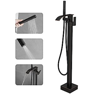 RUMOSE Tub Filler Freestanding Bathtub Faucet Oil Rubbed Bronze Floor Mount Tub Faucet Waterfall Bathtub Filler with CUPC Certified High Flow Brass Bath Shower Faucets with Handheld Sprayer