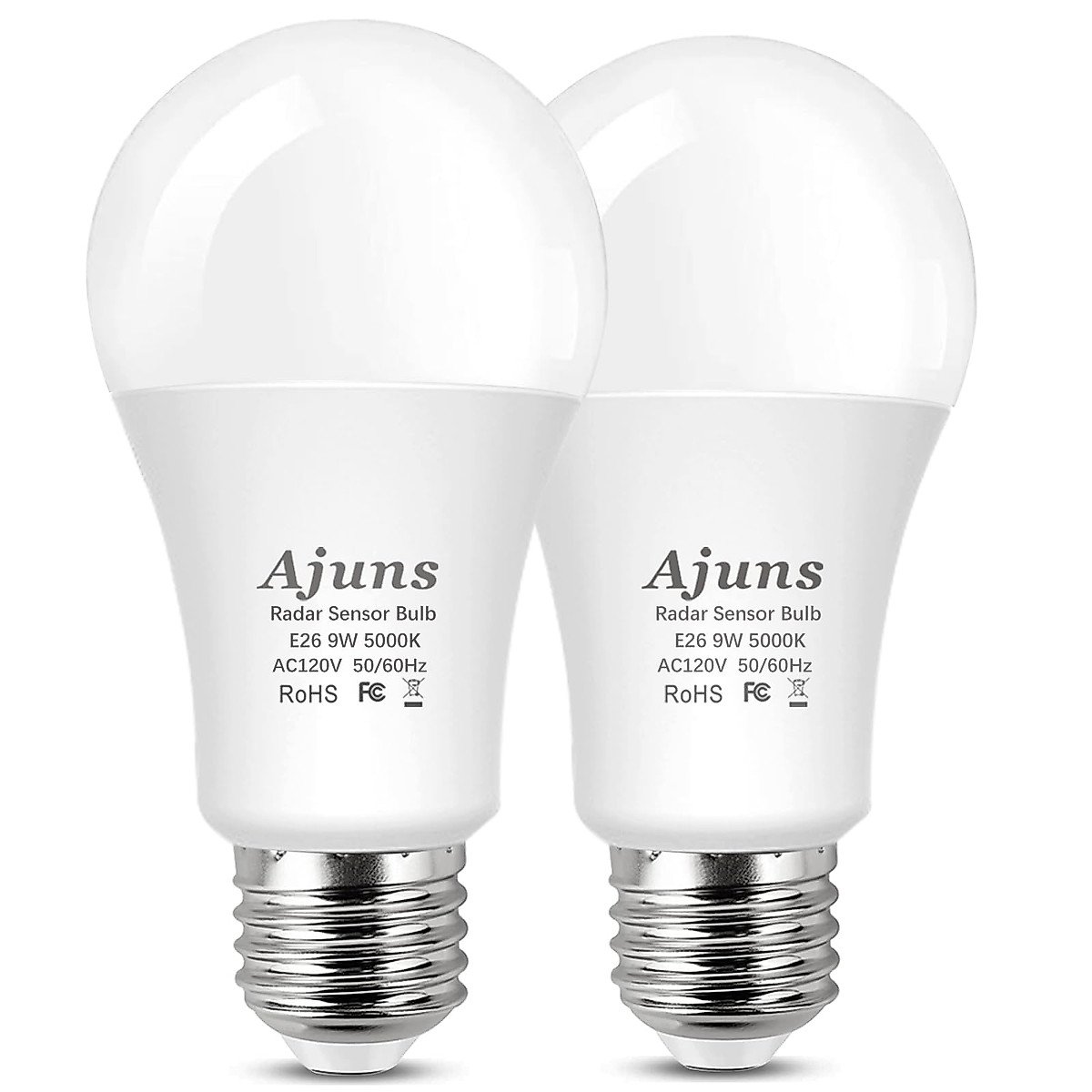Radar Motion Sensor LED Light Bulbs, Dusk to Dawn Radar Motion Activated Bulb 9W 5000K Daylight White A19 LED Bulb, E26 Base, for Hallway, Garage, Basement, etc, 2 Packs
