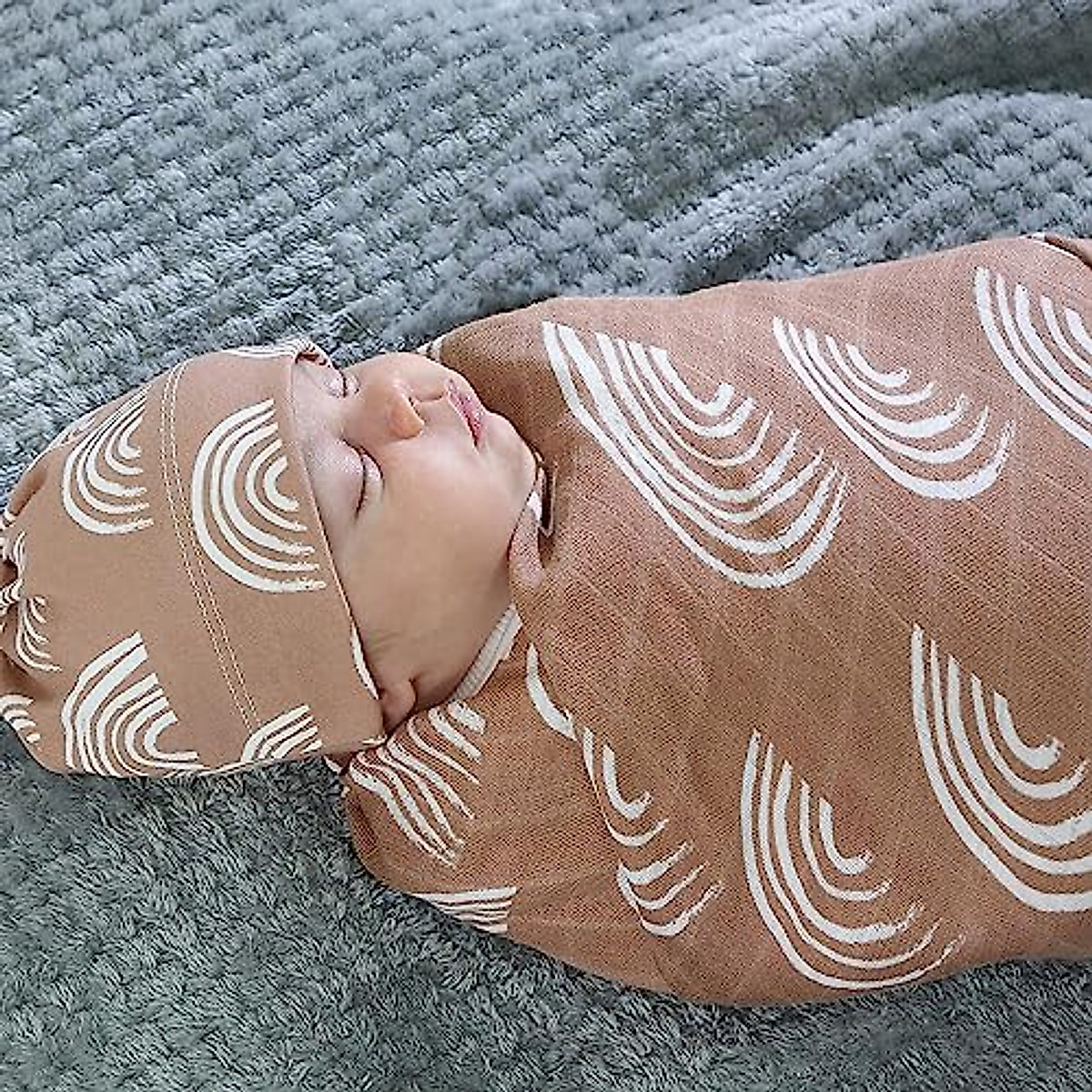 BabyWhale Muslin Swaddle Blanket, Boho Brown Rainbow Pattern Swaddle and Solid Color Swaddle for Newborn Baby Boys ＆ Girls, Unisex Silky Soft Breathable Receiving Swaddle Wrap, 47x47 inches, 2 Pack