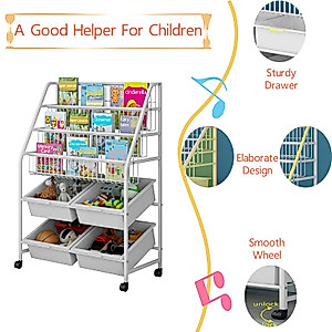 LINZINAR Bookshelf Iron Toy Organizer 3 Tier Mobile Bookrack 4 Plastic Toy Storage Boxes with Wheels—White…