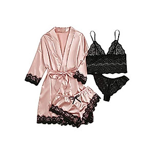 WDIRARA Women' Silk Satin Pajamas Set 4pcs Lingerie Floral Lace Cami Sleepwear with Robe Pink L