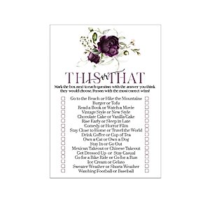 Purple Passion Bride Best Bridal Shower Games – 25 Pack, Wedding Would She Rather Fun Activity Ideas for Guests, Rehearsal, Couples, This or That Birthday Party Game Card Design