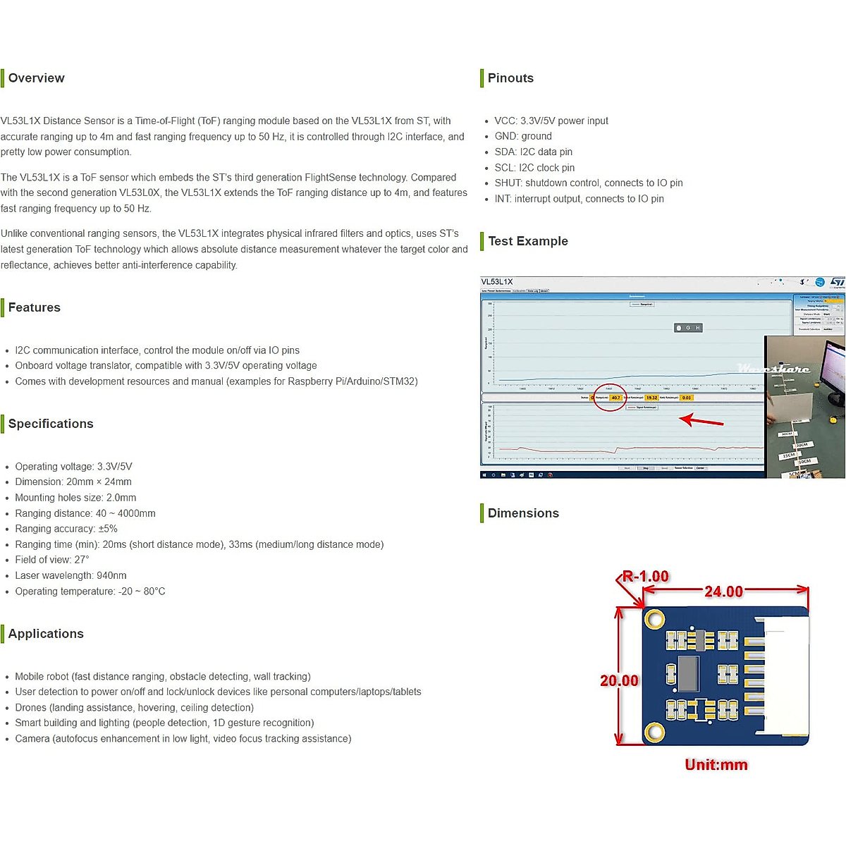 waveshare VL53L1X Time-of-Flight Long Distance Ranging Sensor Accurate Ranging Up to 4m Distance Measurement I2C Interface