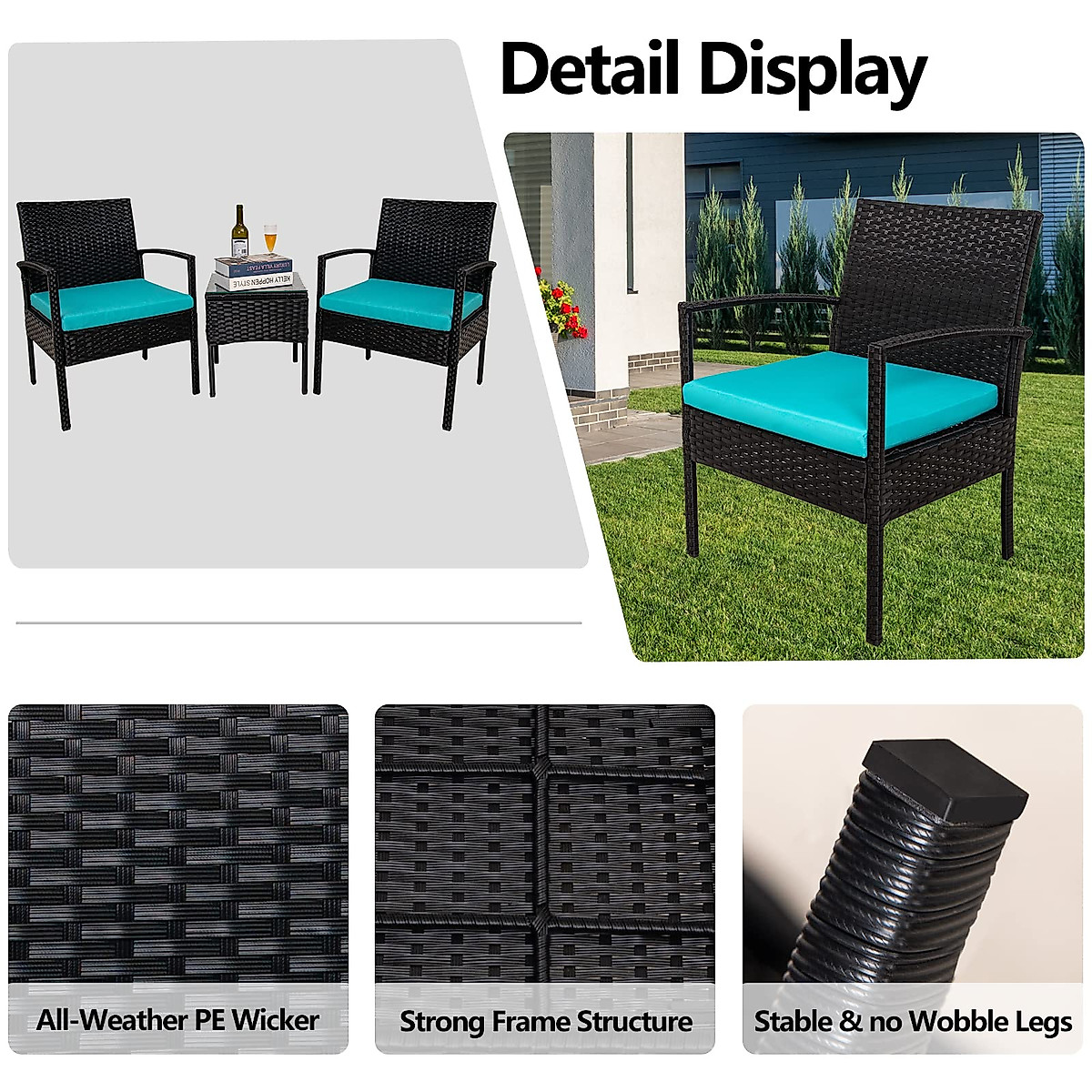 Cpintltr 3 Pieces Patio Furniture Sets Outdoor Wicker Bistro Set Rattan Chair Conversation Sets Modern Bistro Set PE Rattan Wicker Chairs with Table Garden Furniture for Backyard Lawn Balcony LakeBlue