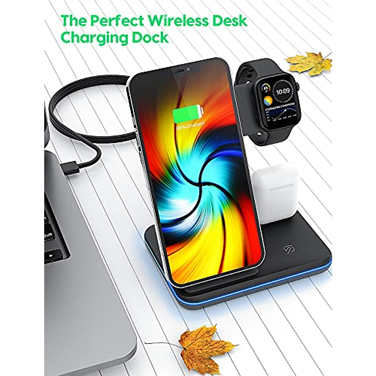 Wireless Charging Station, 2023 Upgraded 3 in 1 Wireless Charger Stand with Breathing Indicator Compatible with iPhone 14/13/12/11 Pro/XS, AirPods 3/2/1/pro 2, iWatch Series 8/7/6/5/4/3,Samsung Phones
