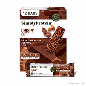 Simply Protein - Dark Chocolate Almond Crispy Bars - Plant Based Protein Bars - Low Carb, Low Sugar, High Fiber - 13g Protein, 2g Sugar, 7g Fiber - Vegan, Gluten Free, Non GMO, Kosher - 12 Bars