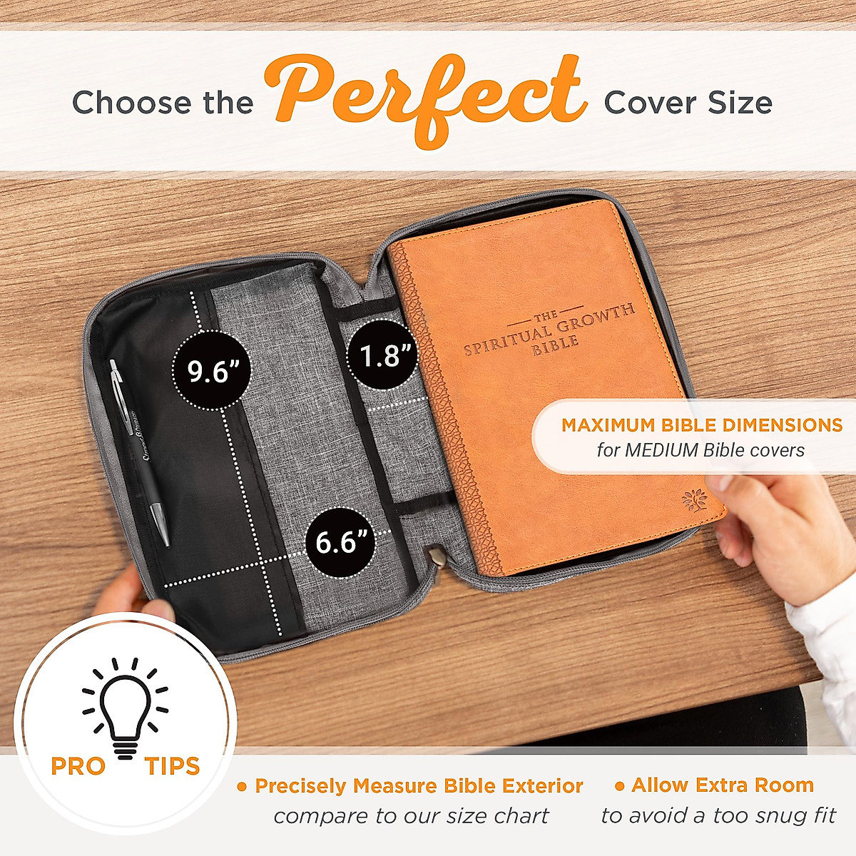 Christian Art Gifts Poly-Canvas Bible Cover for Men & Women: The Lord is My Light - Psalm 27:1 Inspirational Bible Verse w/Secured Zippered Pocket & Pen Storage for Books & Supplies, Gray, Medium