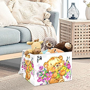 innewgogo Teddy Bear Flowers Storage Bins with Lids for Organizing Foldable Storage Box With Lid with Handles Oxford Cloth Storage Cube Box for Toys