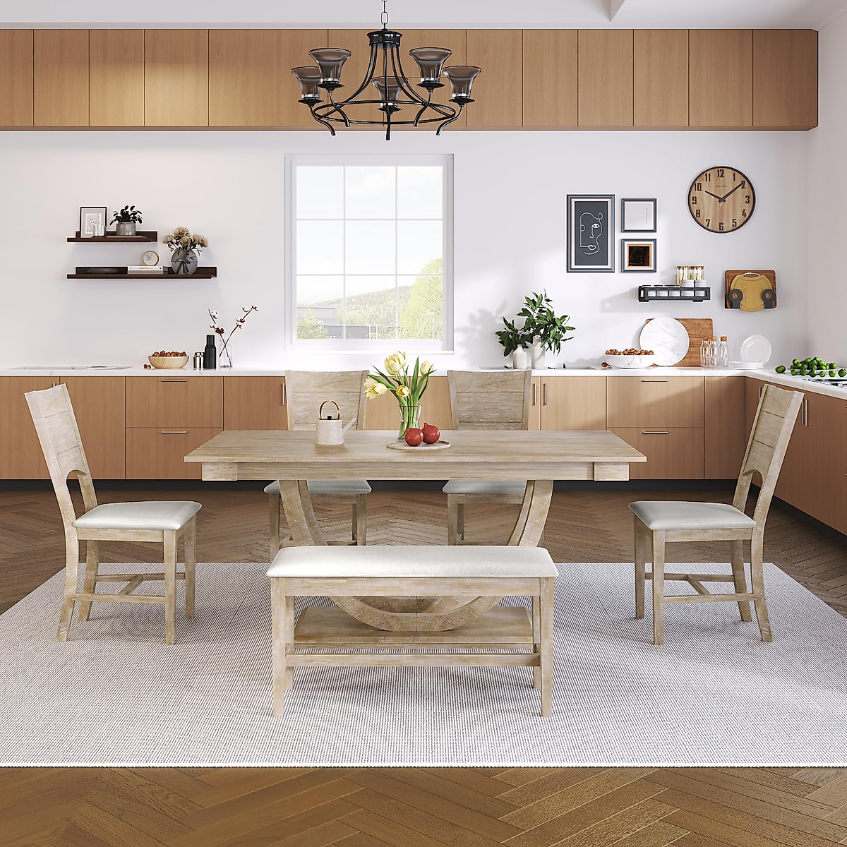 Wood Half Round Dining Table Set, Modern 6-Piece Kitchen Table Set with Long Bench and 4 Dining Chairs, Padded Chairs & Bench Set of 6, Half Round Legs Dining Table (Natural+beige,Half Round Legs)