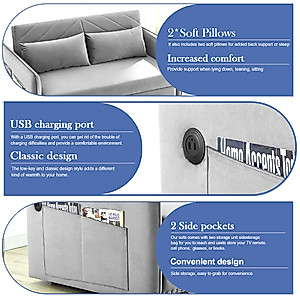 SumKea Loveseat Sleeper Sofa Beds, Pull Out Couch, 55'' Velvet 3 in 1 Sofa Cama Adjustable Back with 2 Pillows & Side Pocket, Ideal for Living Room and Bedroom, Grey