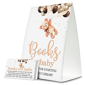 Yuansail Book Request For Baby Shower, Little Bear balloon Themed baby cards books for, Party Favors For Baby Showers Game Cards, 1 Sign & 50 Cards Per Pack – (bb012-book)