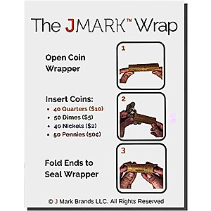 J Mark 400 Neatly-Packed Flat Coin Roll Wrappers Assorted, Made in USA, (Quarters, Dimes, Nickels, Pennies), ABA Striped Kraft Paper Coin Rolls Wrappers, Includes J Mark Deposit Slip