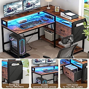 Loomie L Shaped Computer Desk with Power Outlets, 55"Wx41"D Reversible Corner Desk with LED Light, Drawer & Monitor Stand,Home Office Gaming Desk with 4 Tier Storage Shelves & Bag, Study Table,Rustic