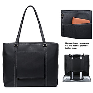 NNEE Classic Laptop Leather Tote Bag for 15 15.6 inch Notebook Computers Travel Carrying Bag with Smart Trolley Strap Design - Black