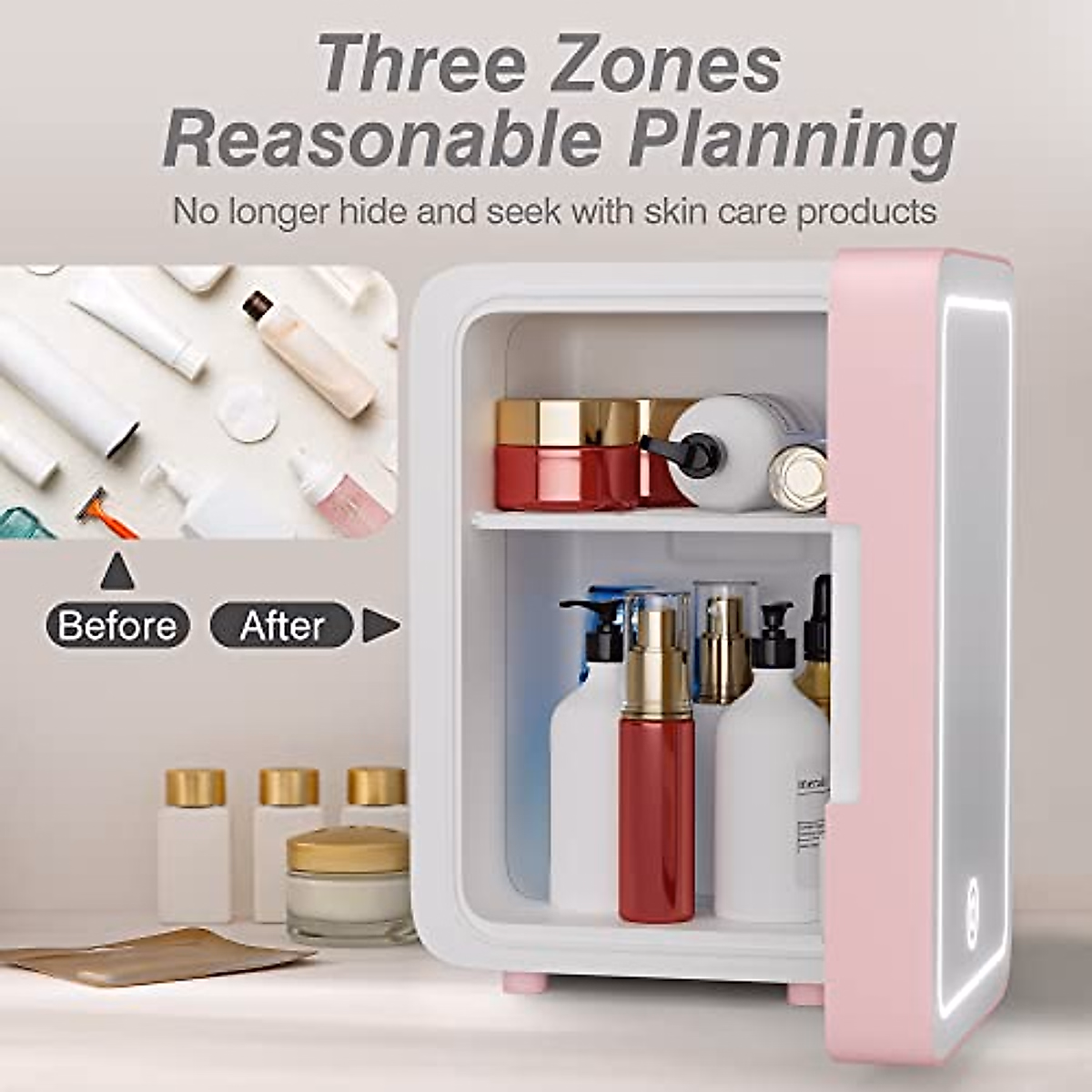 Easy-Take Skincare Fridge - Mini Fridge with Dimmable LED Mirror (4 Liter/6 Can), Cooler and Warmer, for Refrigerating Makeup, Skincare and Food, Mini Fridge for Bedroom, Office and Car, Pink