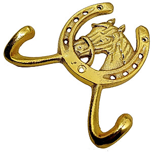 5MOONSUN5 Brass Horseshoe Hook, Rustic Ranch Wall Mounted Coat Hanger, 1.1x4.5x5 inches, 3.5 lbs Weight Capacity, Gold Finish