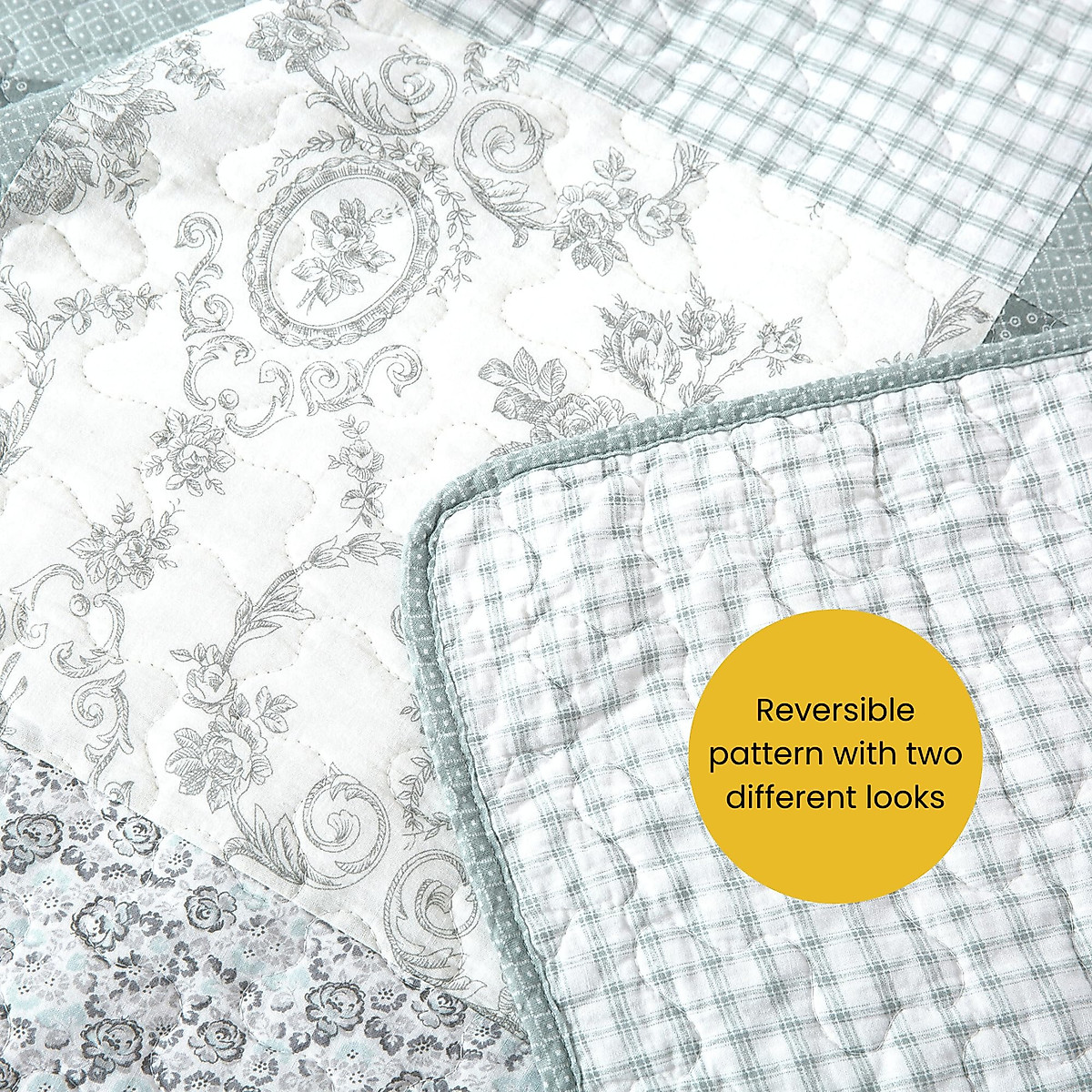 Soul & Lane Memory Lane 3-Piece Cotton Quilt Set - Queen Size with 2 Shams, Sage Green Patchwork Quilted Comforter, Lightweight Country Pieced Bedspread, Neutral Modern Farmhouse Bedding