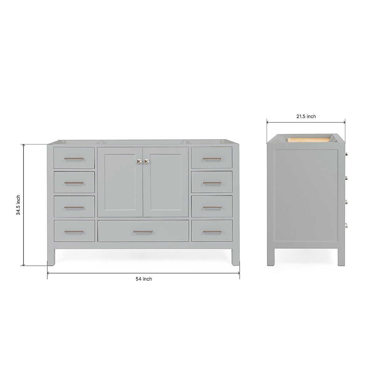 ARIEL 54" Grey Bathroom Vanity Base Cabinet, Single Sink Configuration, 2 Soft Closing Doors, 9 Full Extension Dovetail Drawers, Brushed Nickel