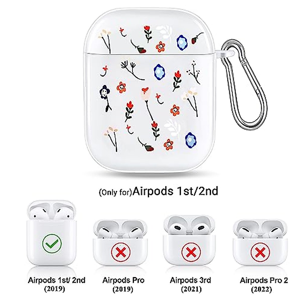 Case for Airpod Case 2nd Generation,Floral Cute Airpods Case,Airpod Case 1st Generation,Clear Kawaii Airpod Case Cute Cover with Keychain (Floral 1st/2nd Case)