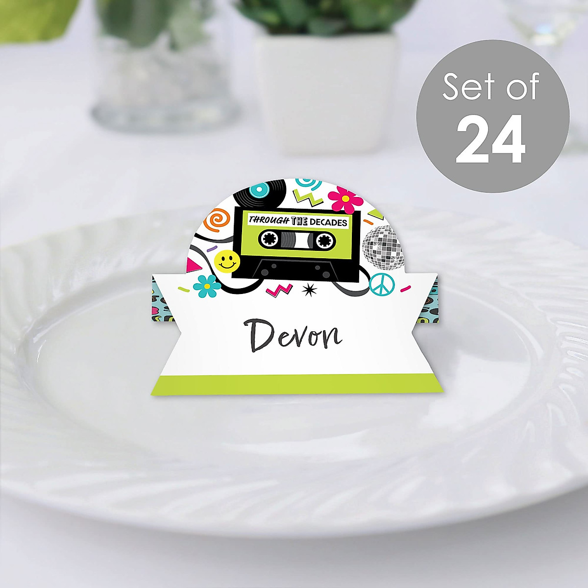 Big Dot of Happiness Through the Decades - 50s, 60s, 70s, 80s, and 90s Party Tent Buffet Card - Table Setting Name Place Cards - Set of 24