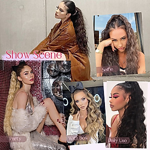 HOOJIH Ponytail Extension, Drawstring Ponytail Hair Extensions 26 Inch Long Curly Wavy Ponytail Natural Wavy Synthetic Hairpiece for Women Daily Use - Black Brown with highlights
