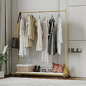 LBSLMJB Clothing Garment Rack with Shelves and Wheels, Metal Rolling Clothes Rack for Hanging Clothes Heavy Duty Portable Standing Clothing Rack Organizer Gold