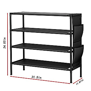 SORCEDAS Shoe Rack Storage Organizer 4 Tier Black Metal Stackable Shelf with Side Pocket for Closet Entryway Floor Hallway (4 Tier, Black)