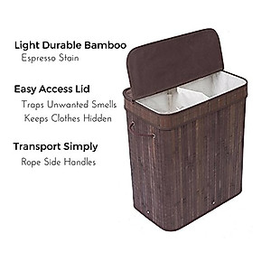 BIRDROCK HOME Double Laundry Hamper with Lid and Cloth Liner - Bamboo - Espresso - Easily Transport Laundry Basket - 2 Section Collapsible Hamper - String Handles