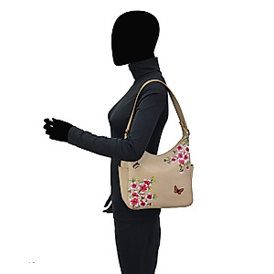 Anuschka Women's Hand Painted Genuine Vegetable Tanned Leather Hobo - Flower Garden Almond