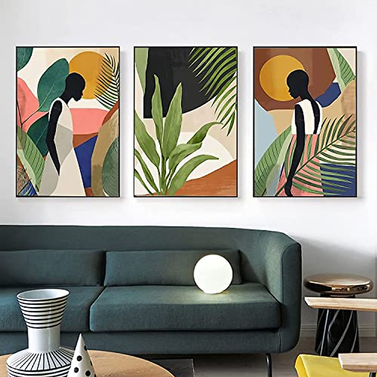Abstract African American Wall Art Canvas Painting Black Woman and Green Plant Wall Art Pictures Set of 3 Nordic Wall Art Posters and Prints Pictures Wall for Living Room Decoration Unframed