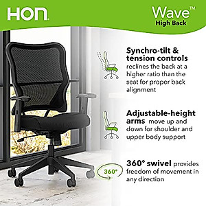 HON Wave Office Chair High Back Mesh Ergonomic Computer Desk Chair - Adjustable Arms & Pneumatic Seat Height, Synchro-Tilt Tension Lock Recline, Comfortable Cushion, 360 Swivel Rolling Wheels - Black