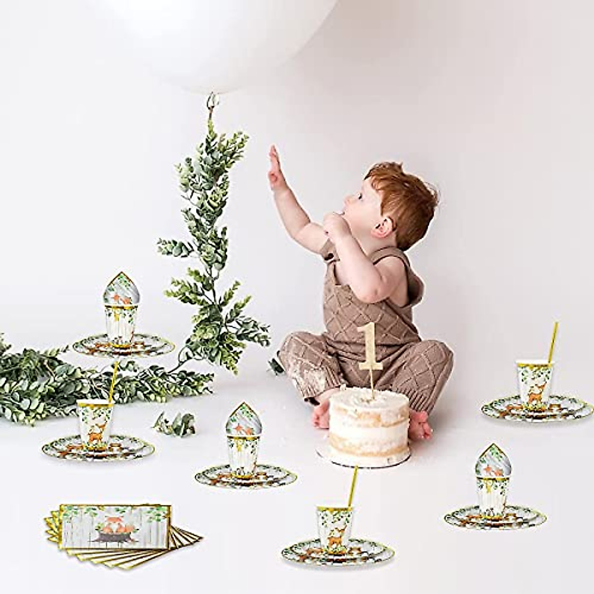121Pc Woodland Creatures Theme Baby Shower Decorations, Birthday Party Supplies For Boy & Girl -Tablecloth, Paper Plates Napkins Straws & Cups of Forest Animal Friends Fox Deer Tableware Set Serves 24