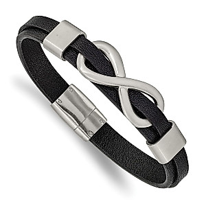 9.2mm Chisel Stainless Steel Brushed and Polished Infinity Symbol Black Leather Bracelet 8 Inch Jewelry for Women