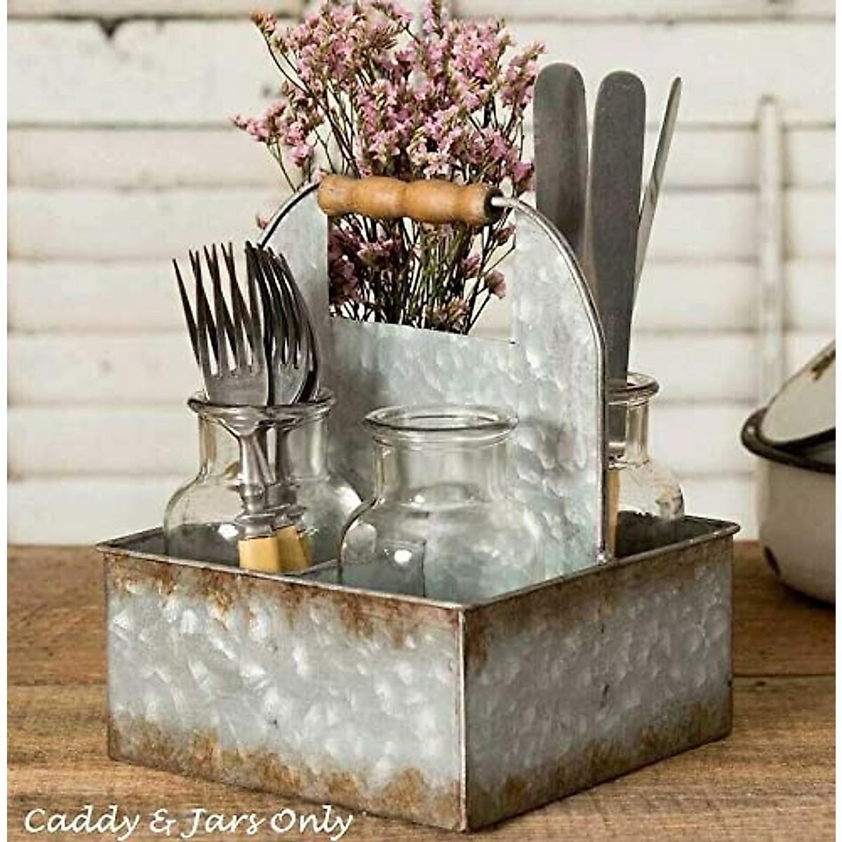 Primitive Galvanized Metal Organizer w/Four Jars Rustic Bin Farmhouse Gray Home and Garden