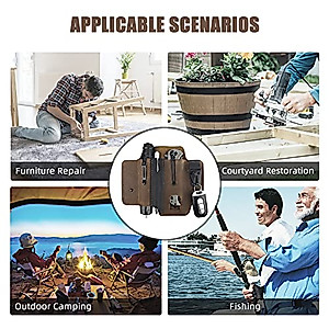 Leather Multitool Sheath, EDC Pocket Belt Organizer for Men with Flashlight Holster, Knife Sheath, Pen Holder and Keychain Clip (Brown)