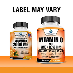 American Standard Supplements Vitamin C 2000mg, Zinc 40mg, and Rose HIPS 50mg Per Serving – Vegan, Gluten Free, Non-GMO, 120 Capsules, 60 Servings