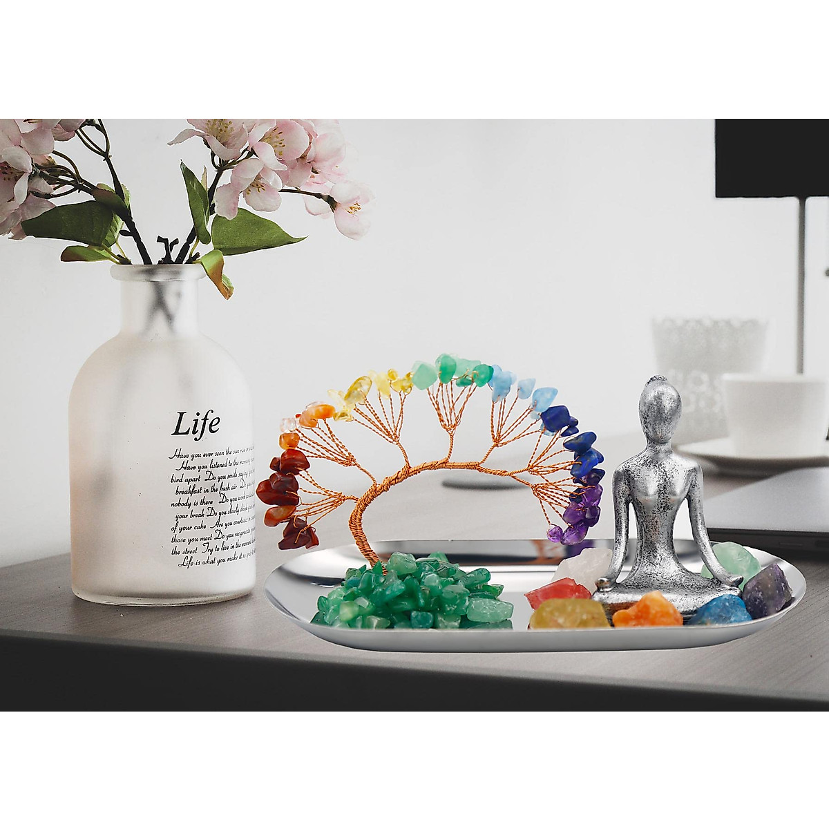 Meditation Accessories, Zen Spiritual Decor, 7 Chakra Crystal Tree Healing Stones and Yoga Statues, for Living Room, Office, Shelves, Mantle Decor, Birthday Gifts for Women