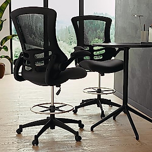 Flash Furniture Kelista Mid-Back Black Mesh Ergonomic Drafting Chair | Adjustable Foot Ring, Flip-Up Arms | Comfort and Productivity