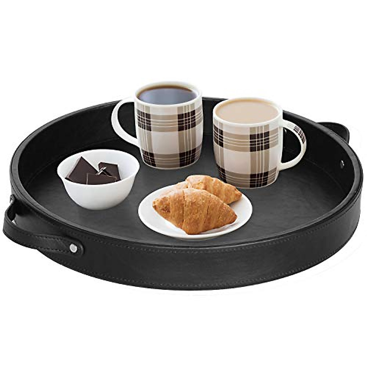 HofferRuffer PU Leather Round Tray, Serving Tray with Handles, Decorative Catchall Vanity Tray, Coffee Tray, Faux Leather Ottoman Tray for Home Or Office, Diameter 14.6-inch (Black)